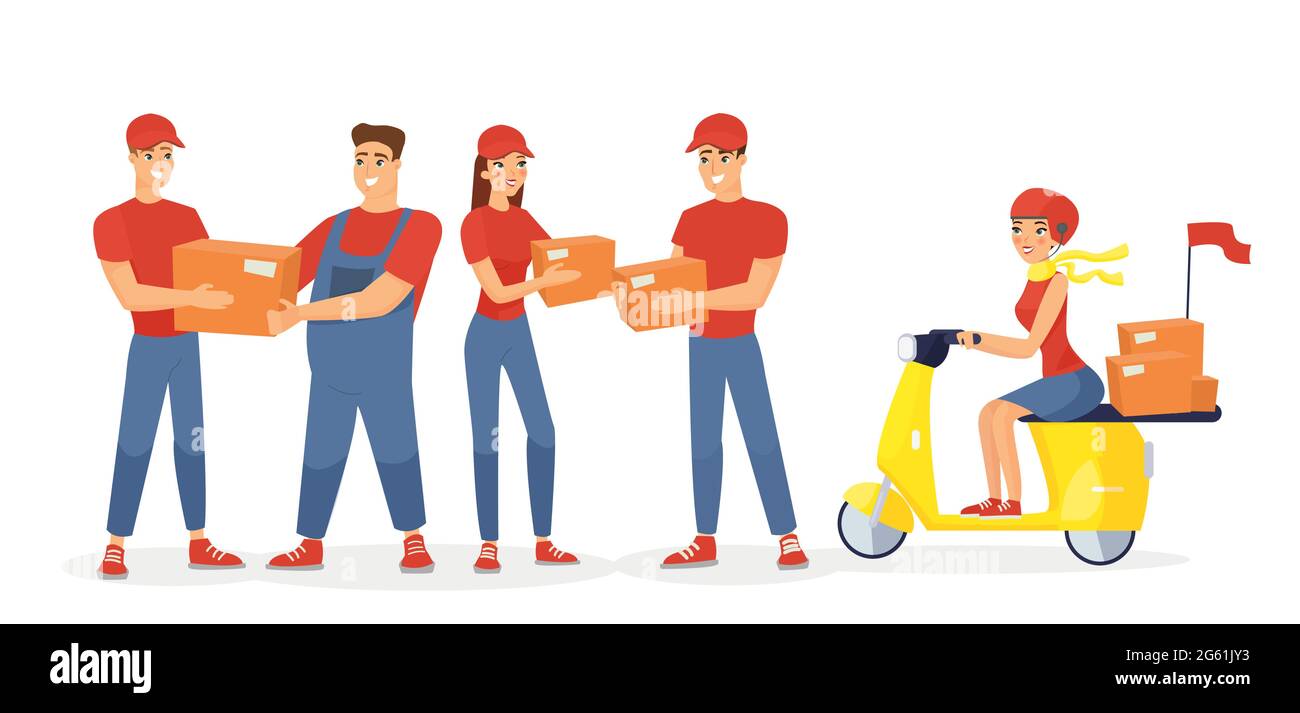 Vector illustration set of delivery man, delivery service flat cartoon ...