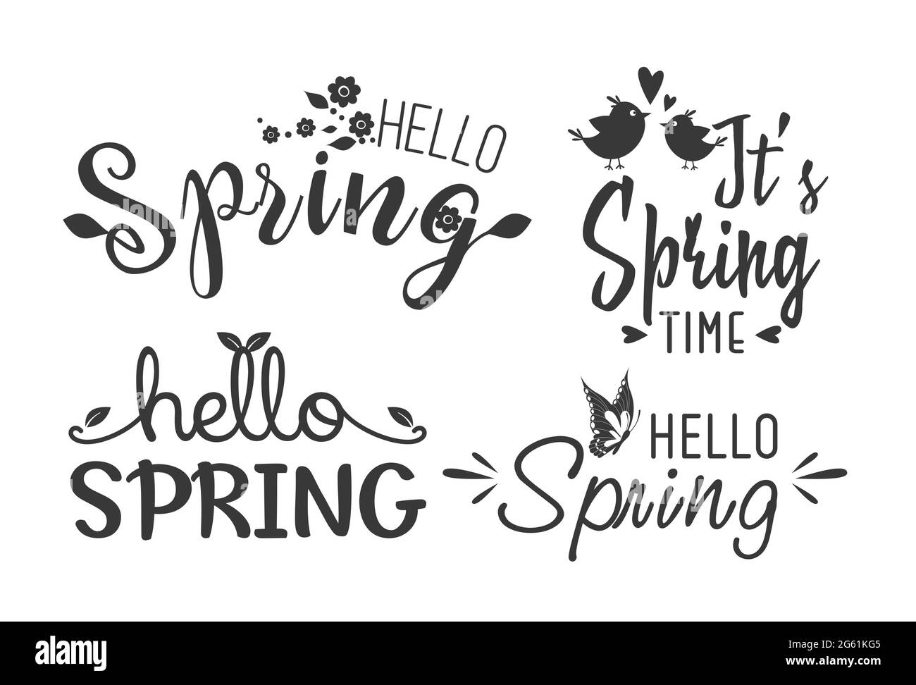 Hello spring hand drawn design lettering logo vector illustration set ...