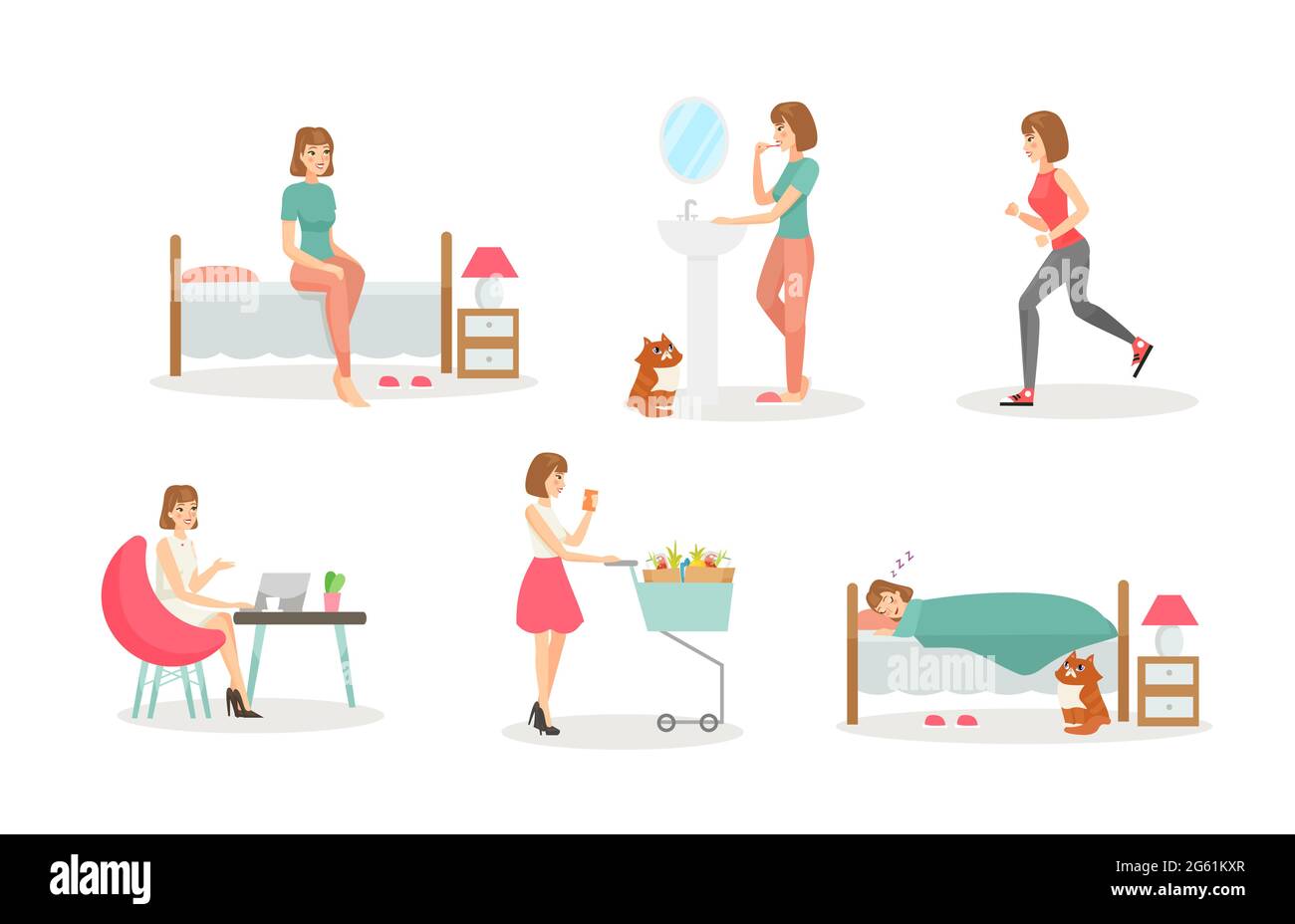 Woman day routine flat vector illustrations set. Morning procedures ...