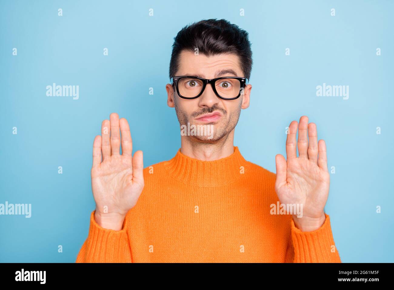 Photo of unsatisfied person show arms palms reject sullen lips wear ...