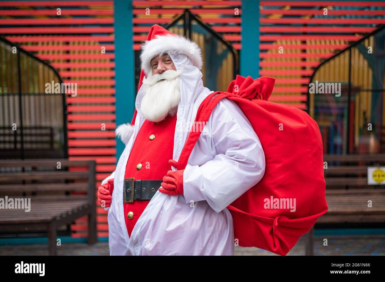 Santa Claus in a protective suit during the spread of the infection ...