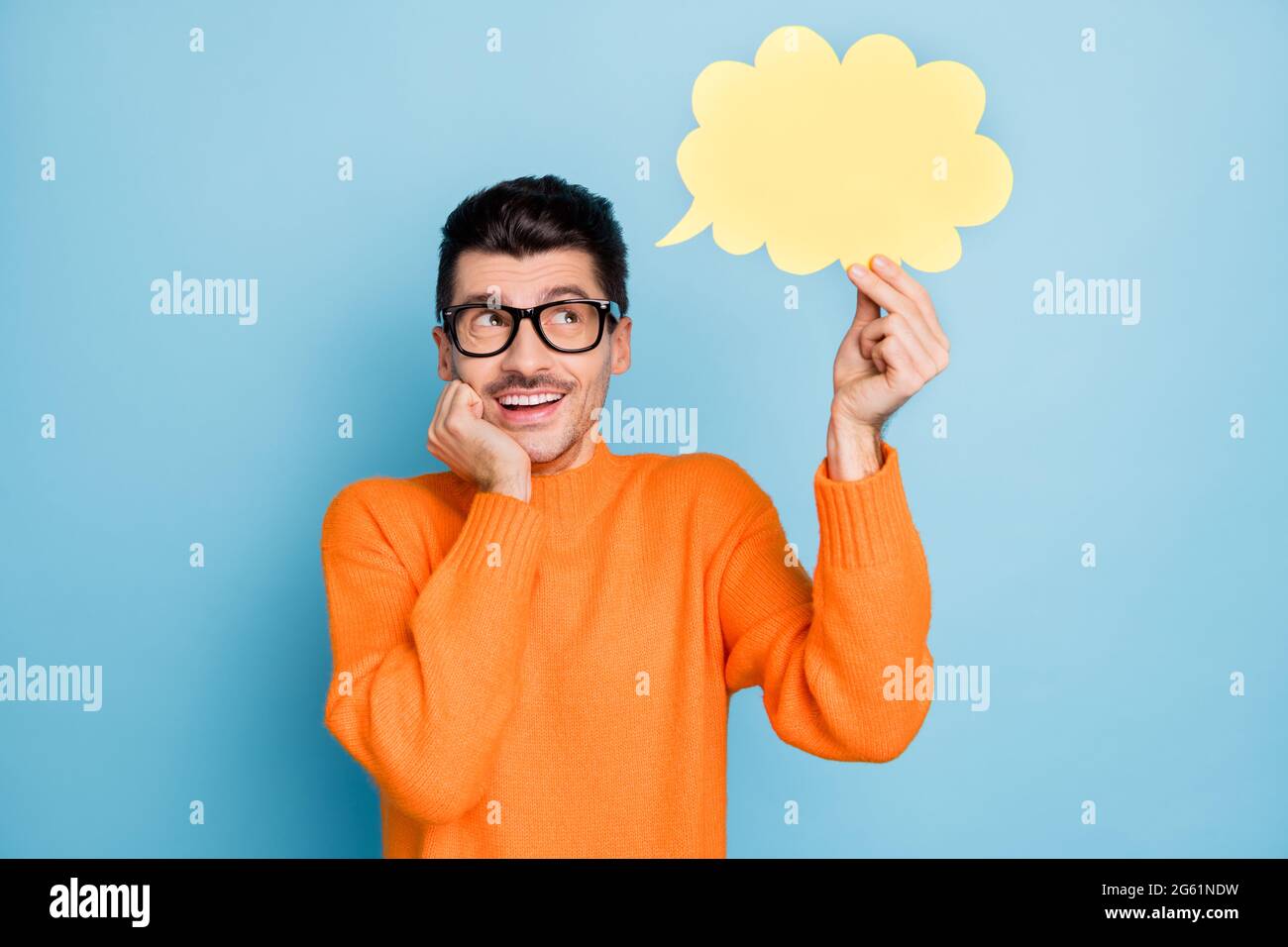 Photo of young cheerful man happy positive smile think dream dreamy ...