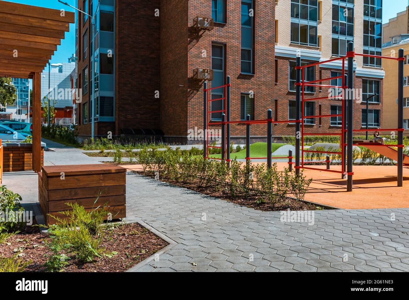 The courtyard of a modern residential building with equipments for ...