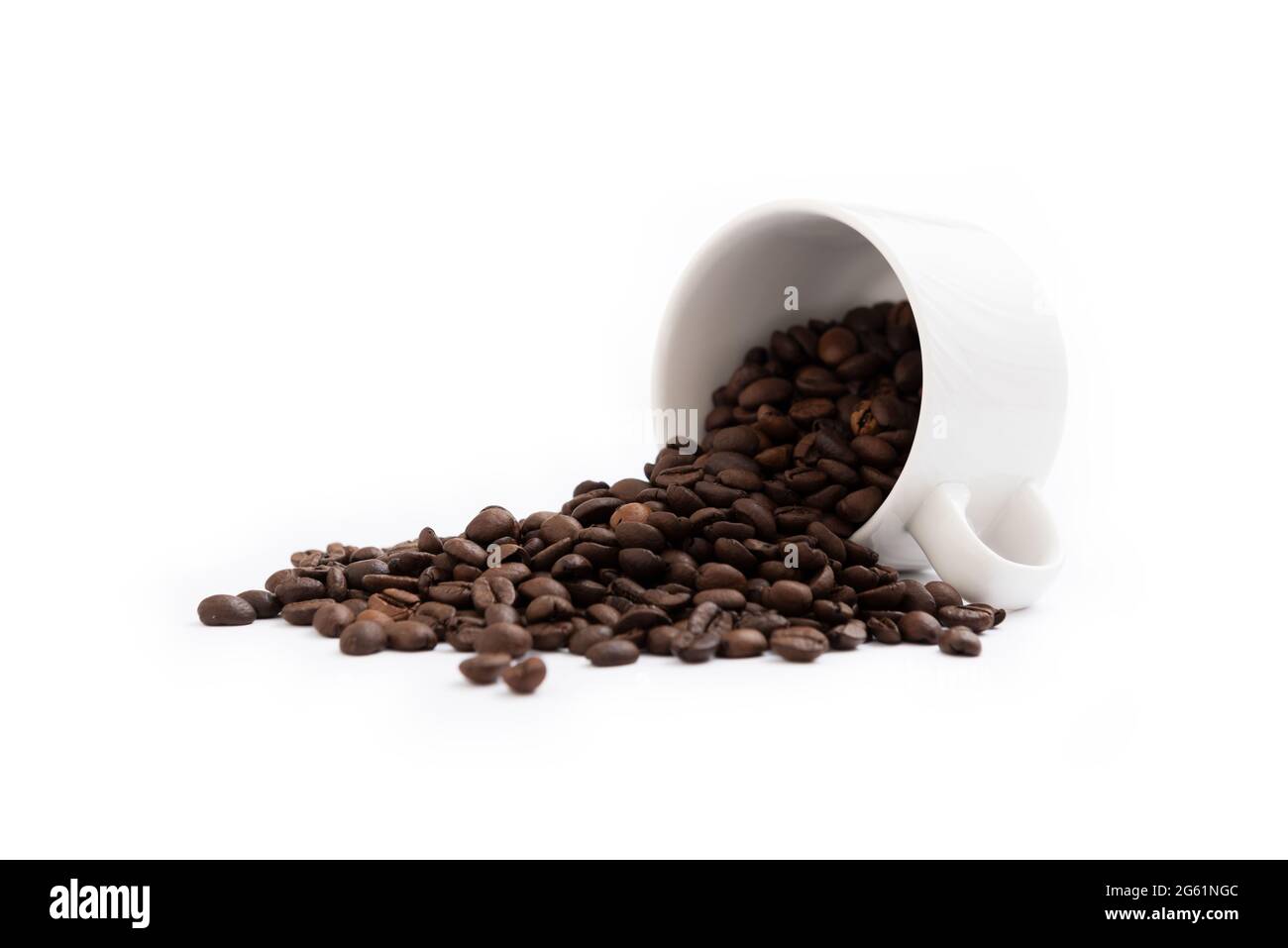 Coffee mug fulled of coffee beans isolated on white background side ...