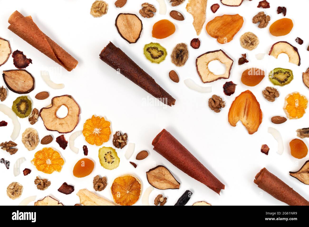 View from above of neatly stacked fruit lozenge different colors and ...