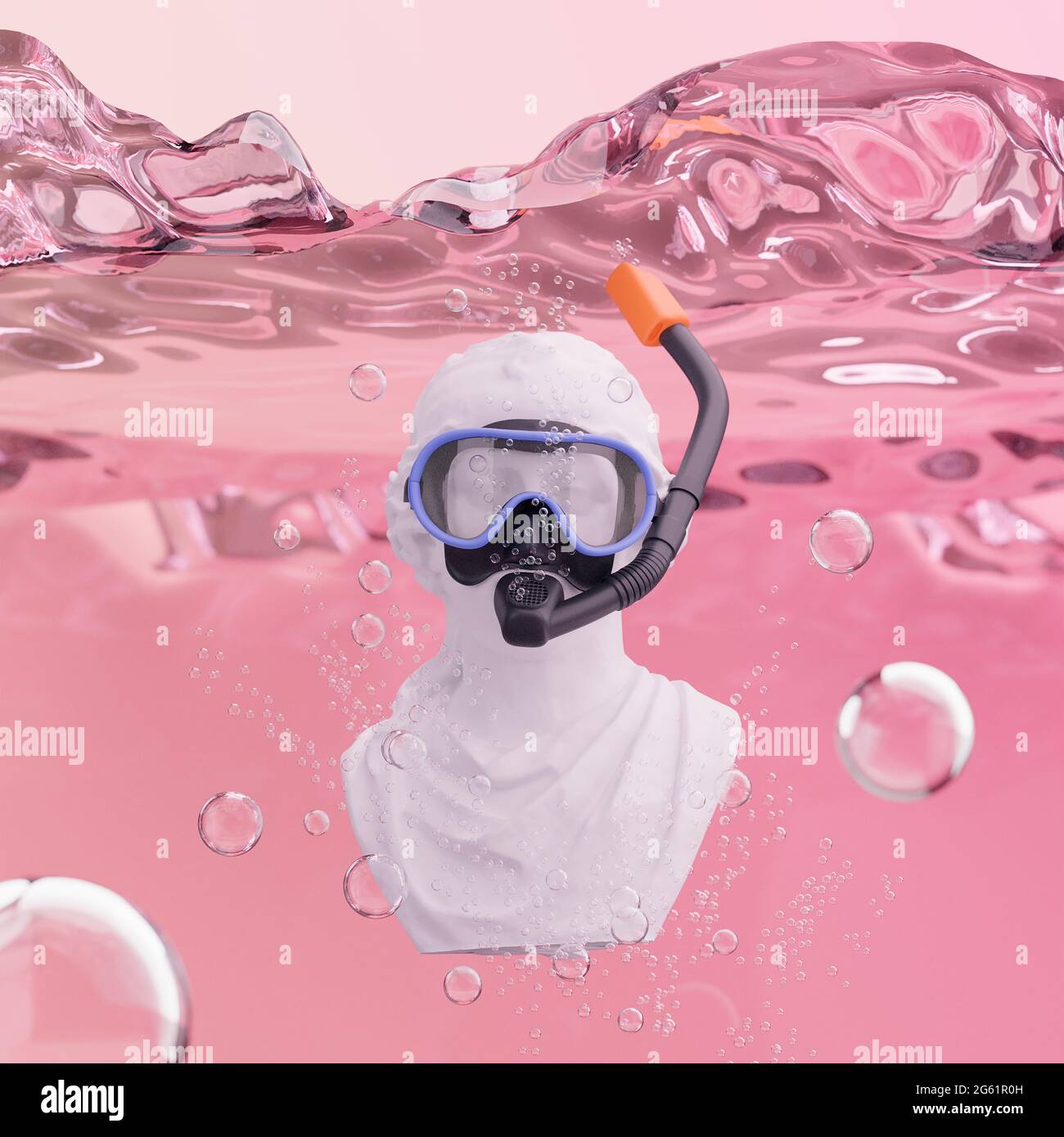 Bust statue underwater. Neon ocean with bubbles on pink electric sunset ...