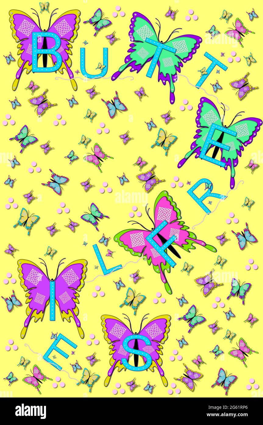 Soft yellow background is filled with small and large fluttering ...