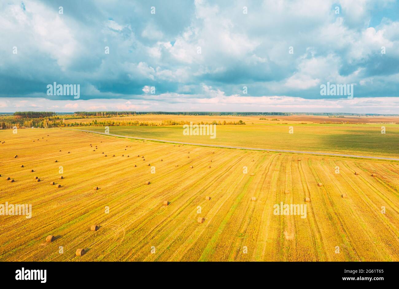 Aerial View Of Autumn Hay Rolls Straw Field Landscape. Haystacks, Hay ...