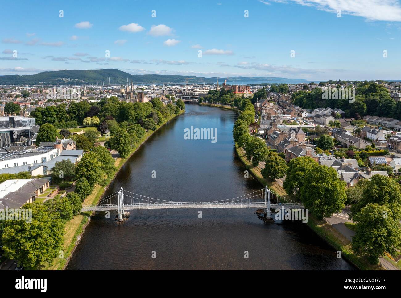 Aerial view of the River Ness and Infirmary footbridge, Inverness, the ...