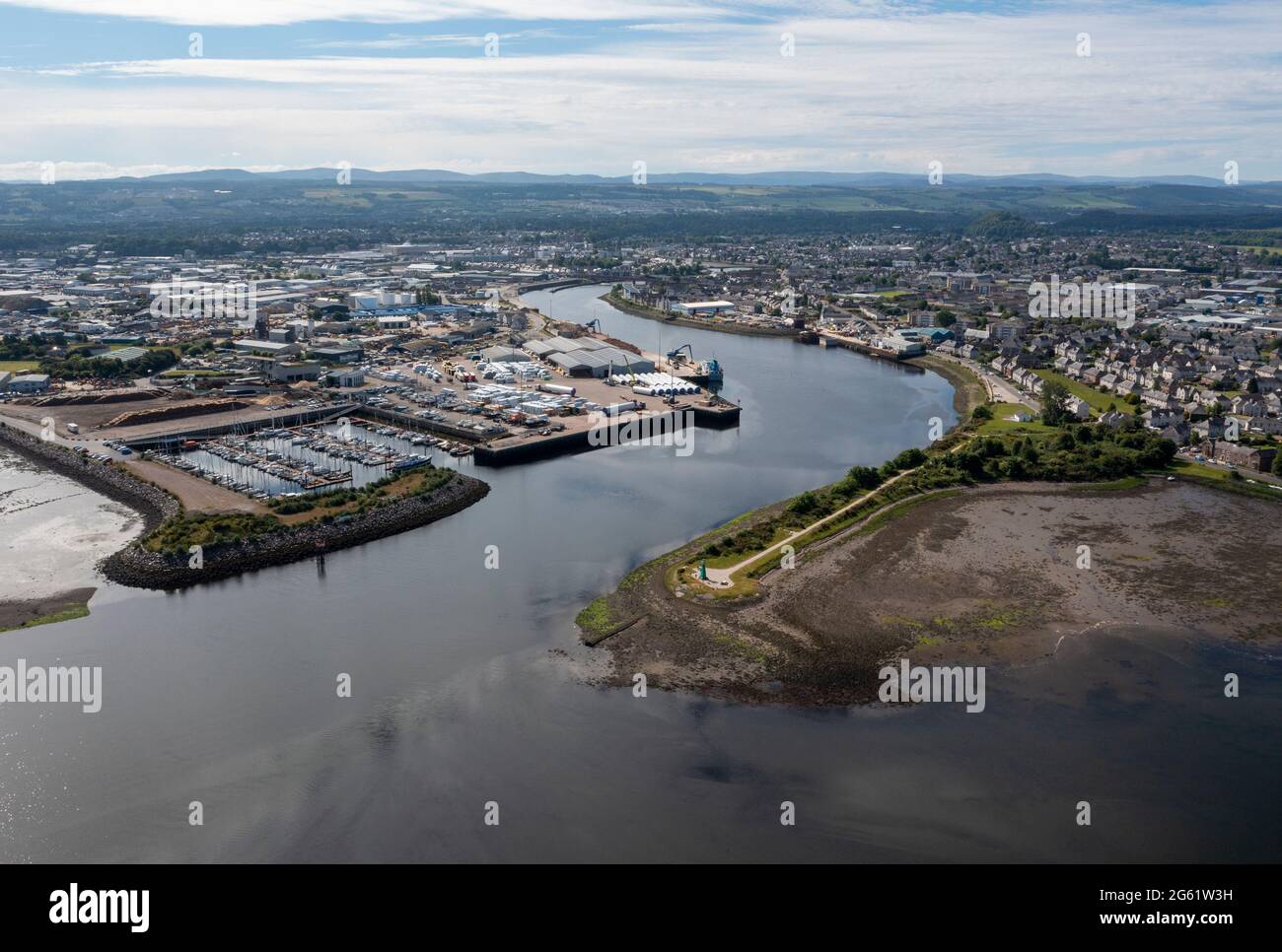Aerial view of the River Ness where it enters the Moray Firth at South ...