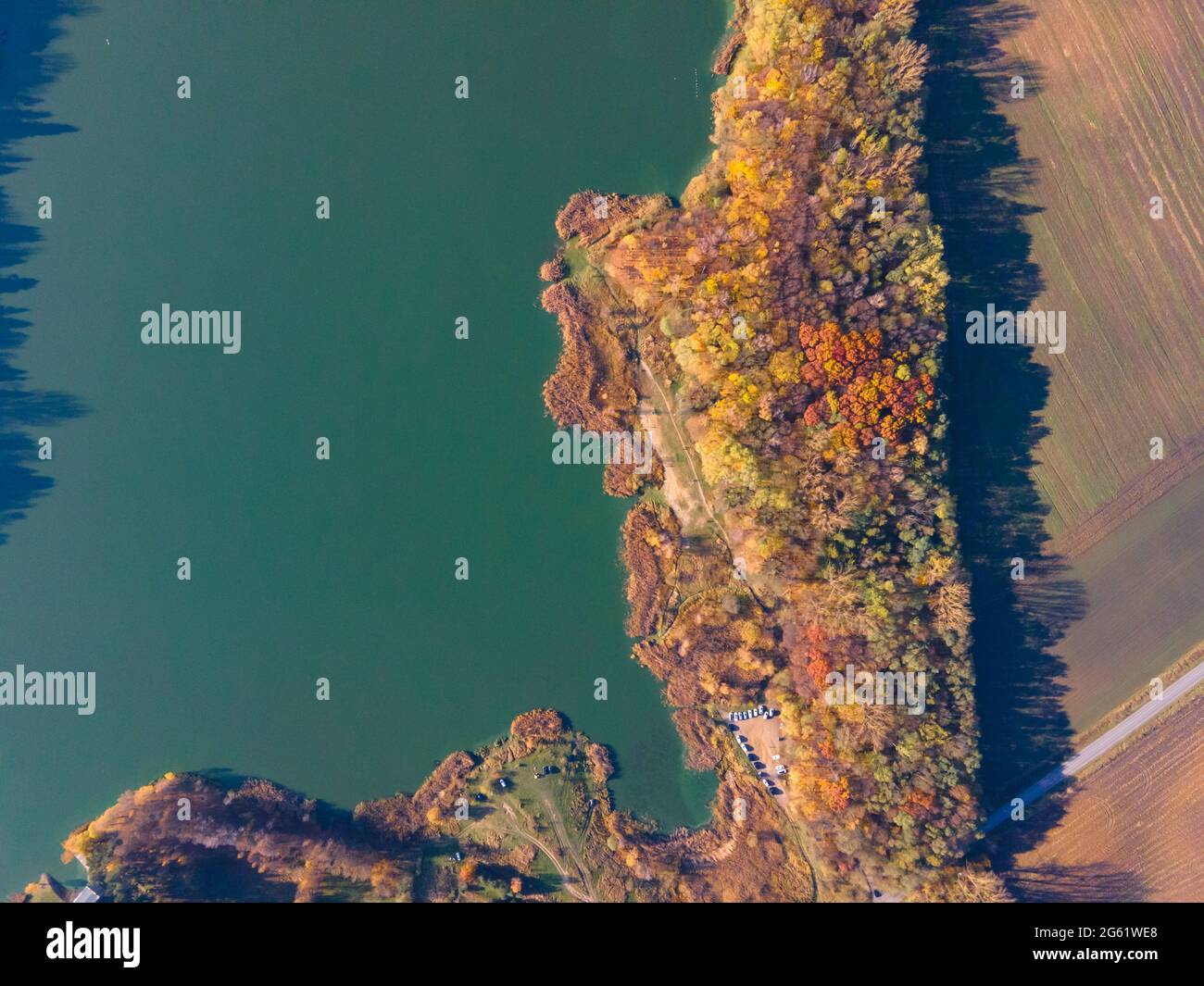 overhead top view of autumn beach lake with green water Stock Photo - Alamy
