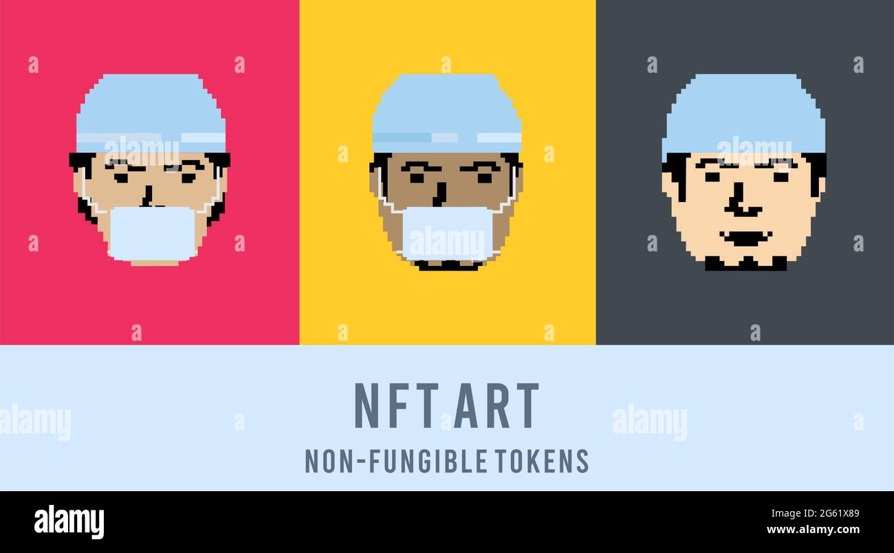 Doctors and nurse face icons with face masks. NFT-style pixel art ...