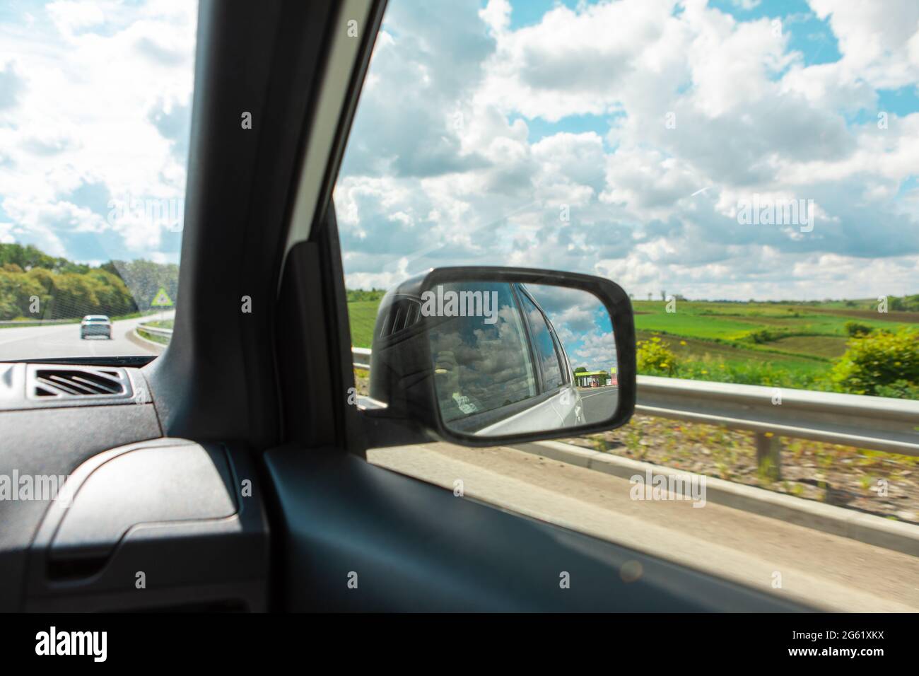 car travel concept road reflection in rear mirror view copy space Stock ...