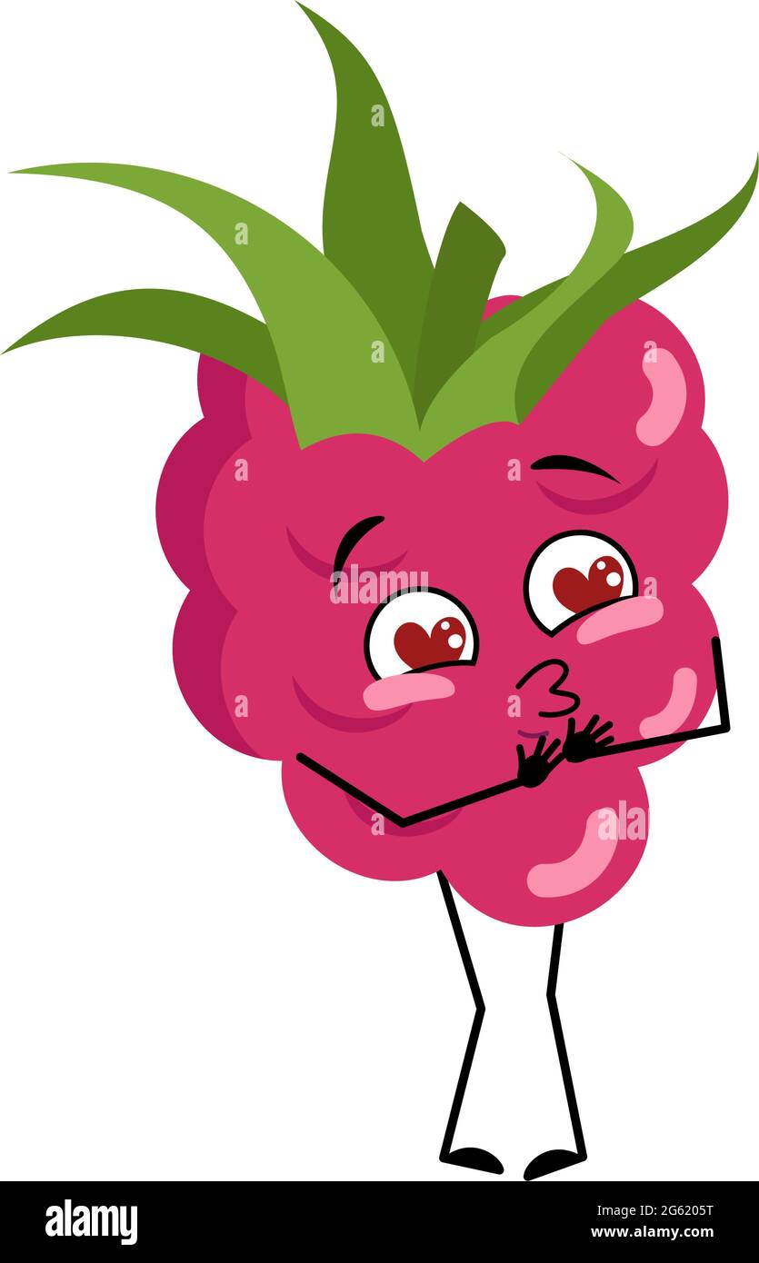 Cute raspberry character falls in love with eyes hearts, kiss face ...