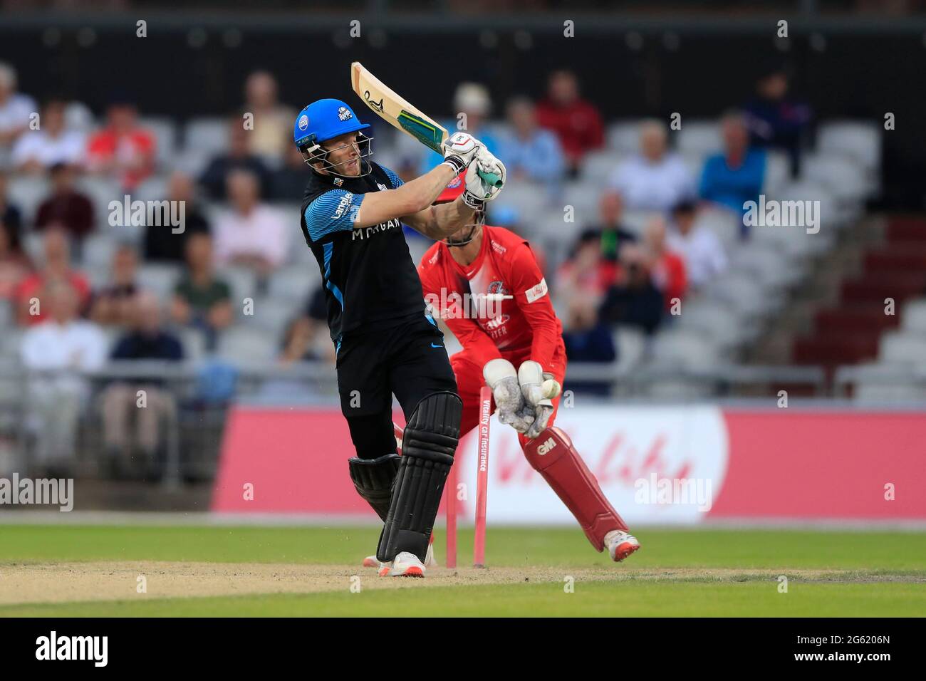 Ben Cox of Worcestershire Rapids is bowled by Matt Parkinson of ...