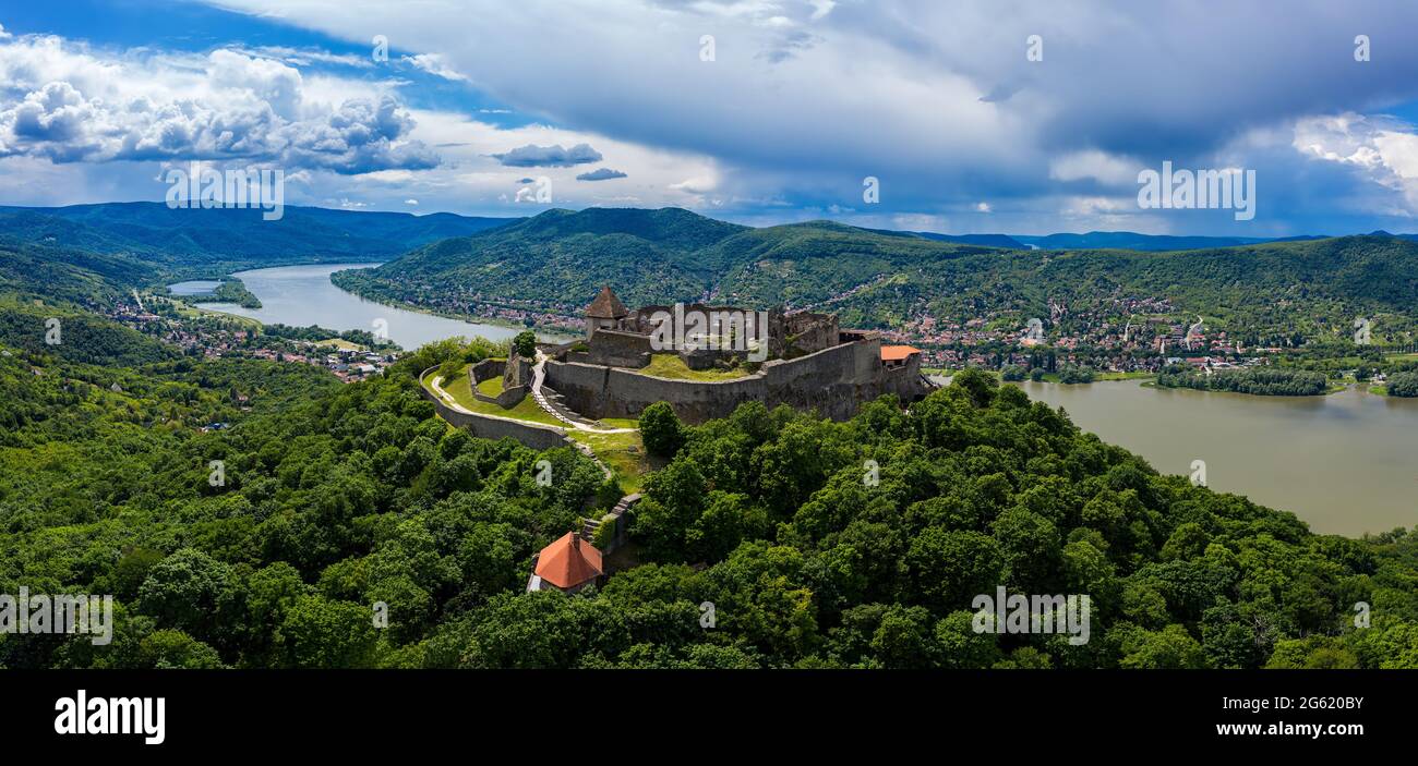 Visegrad, Hungary - Aerial panoramic view of the remains of the ...