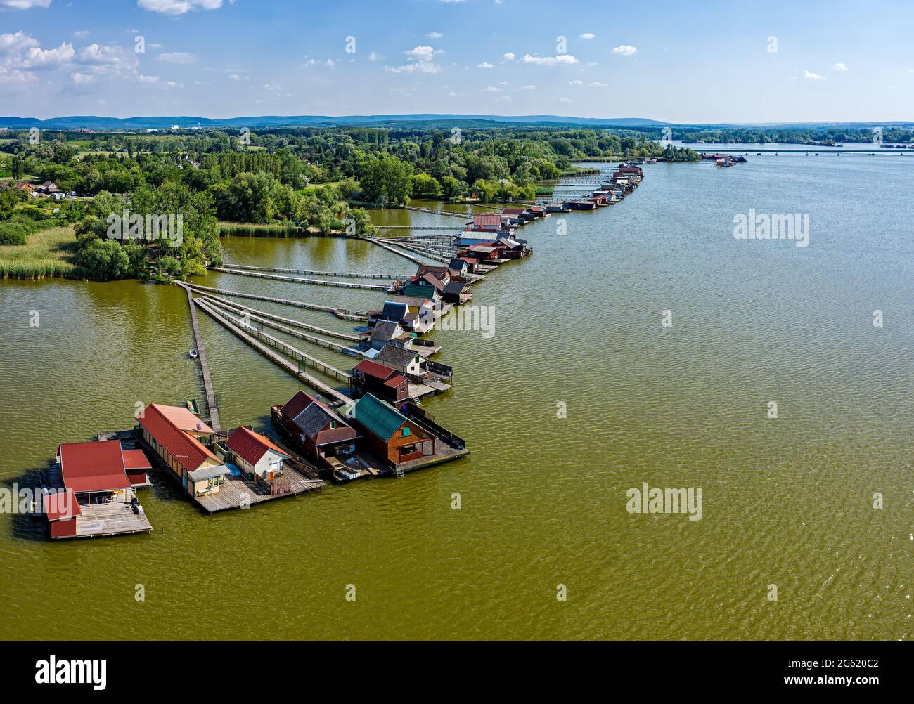 Aerial view of the famous Bokod Floating Village with piers and ...