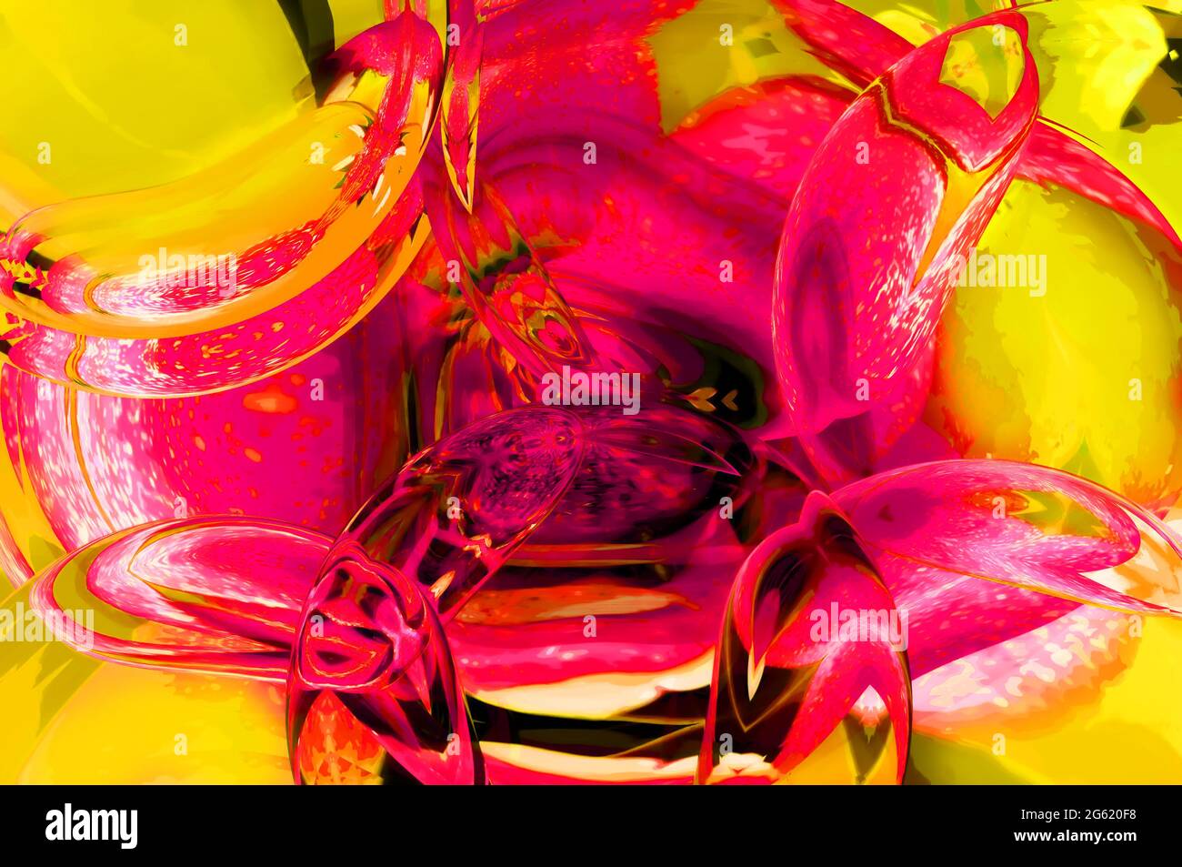 Cluster of yellow bubbles radiate hot pink crystal light as they float ...
