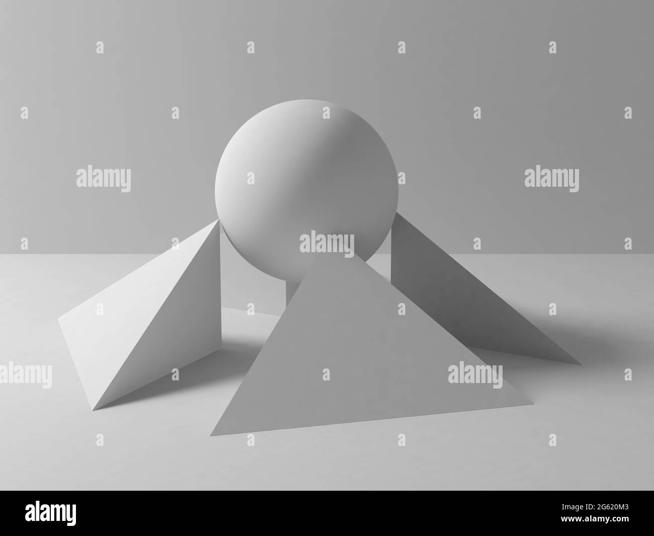 Abstract white geometric installation with sphere balancing on four ...