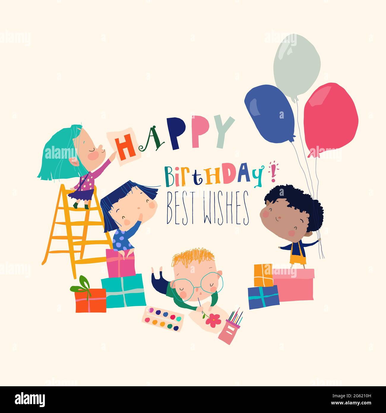 Card with Cute Cartoon Children celebrating Birthday Stock Vector Image ...