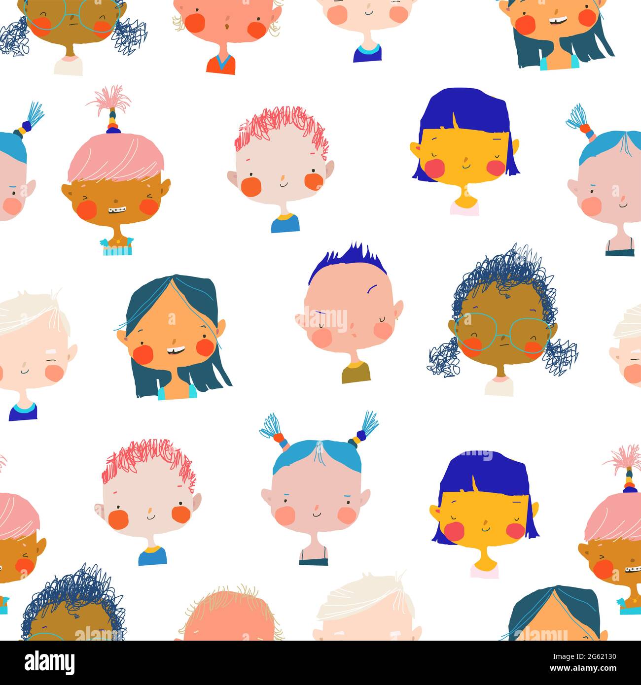 Seamless Pattern with Cute Cartoon Girls and Boys Portraits Different ...
