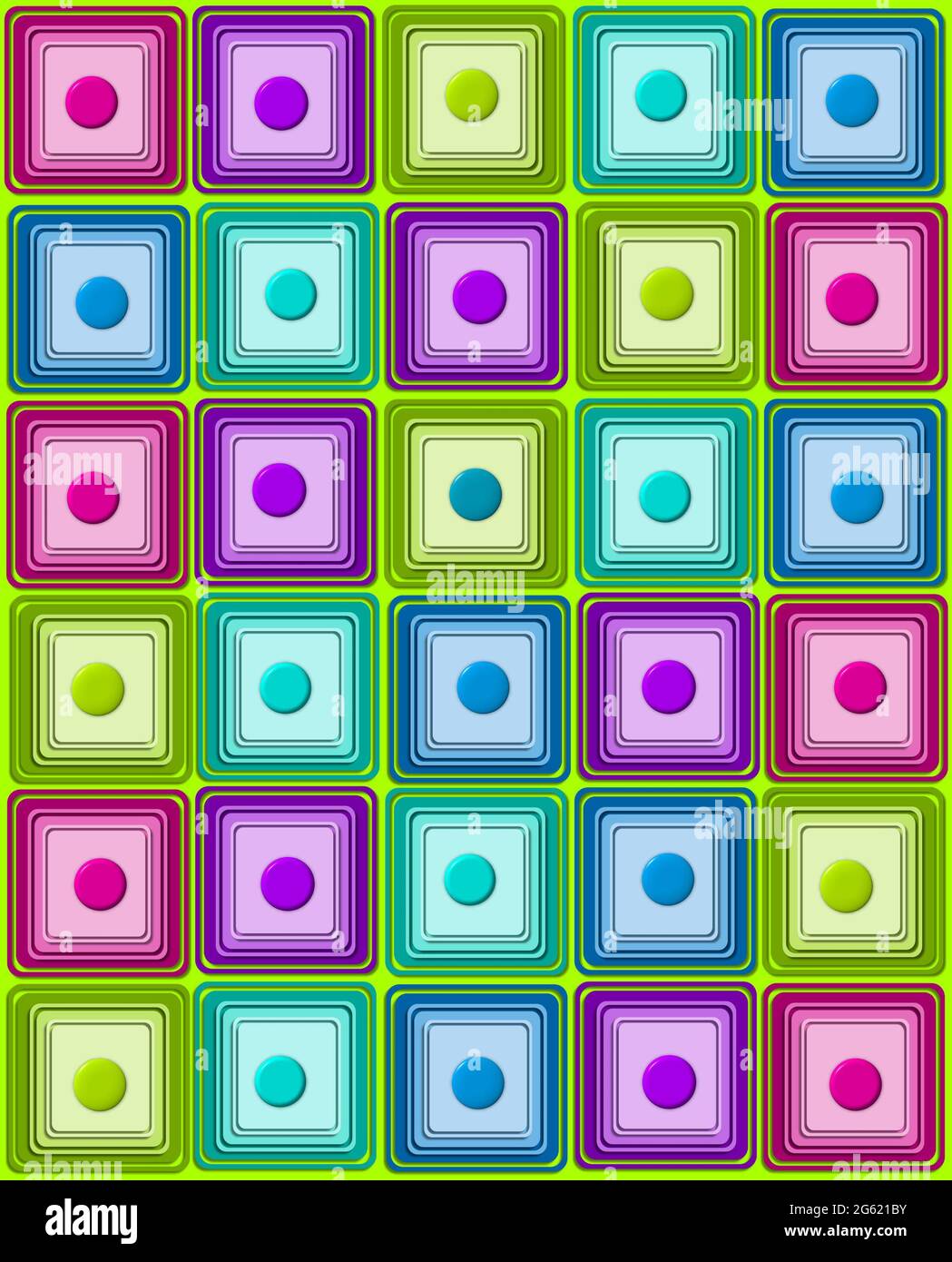 Bright and colorful squares have three layers of color. 3D circle sits ...