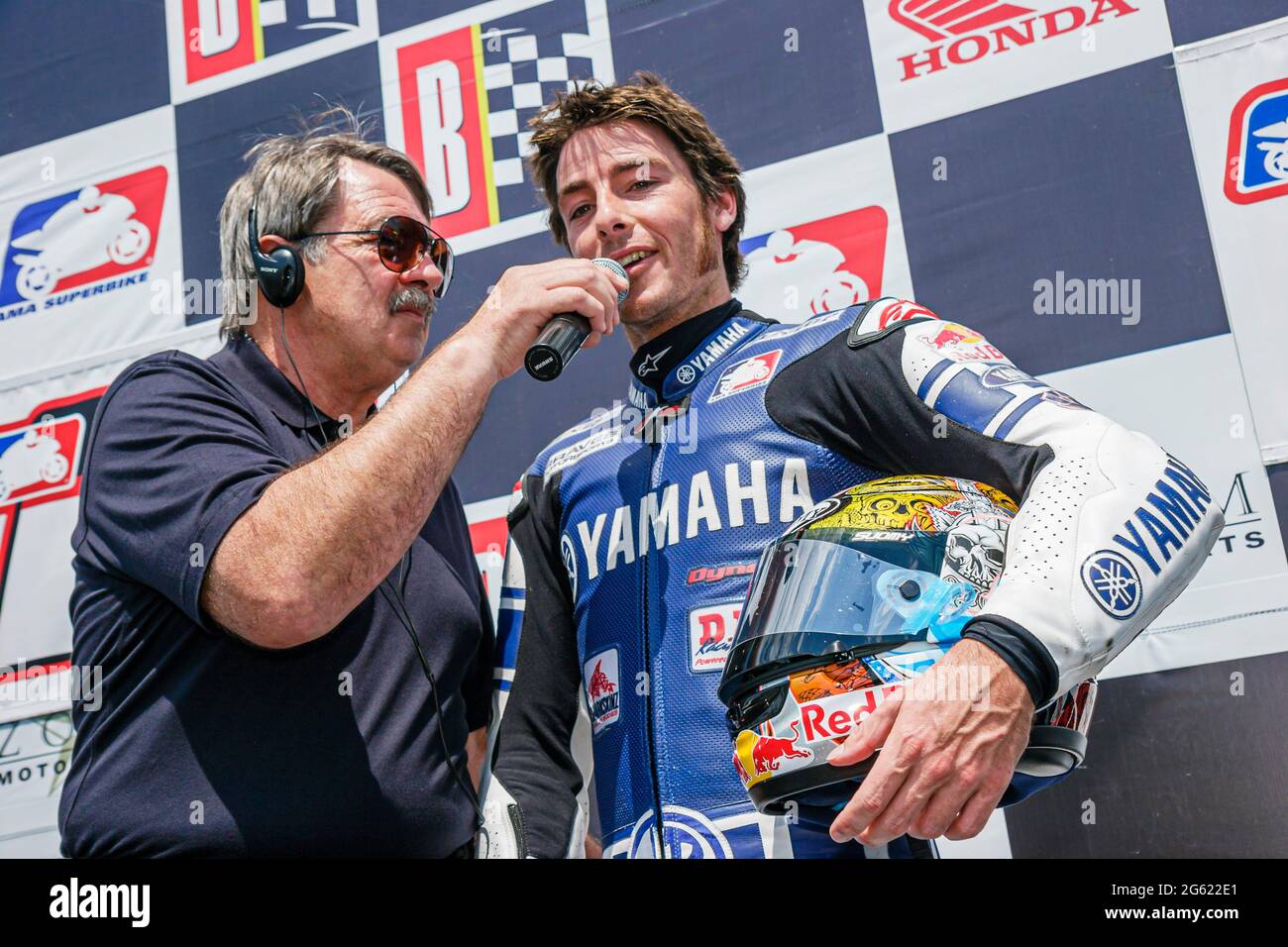 Race racing motorcycle rider driver winner stage speaking yamaha team ...