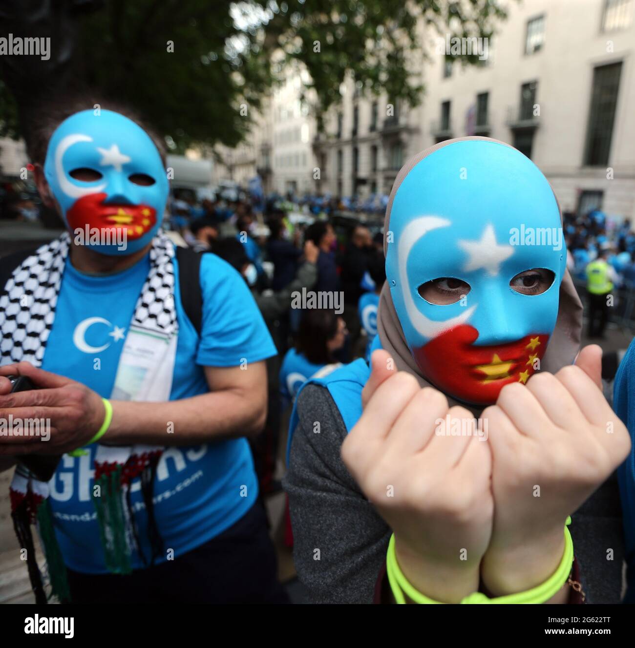 London, England, UK. 1st July, 2021. Pro-Uyghur protesters stage a ...