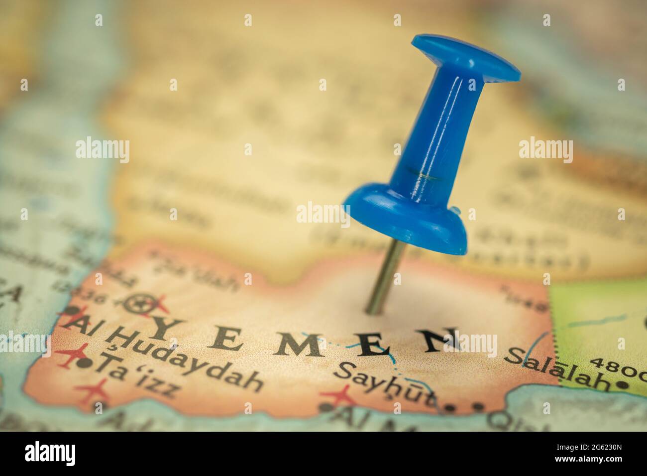 Location Yemen, travel map with push pin point marker closeup, Asia ...