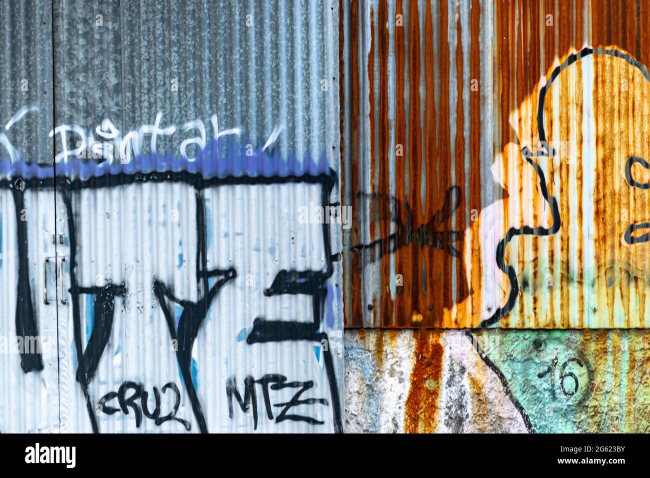 Graffiti painted on metal sheds in the railroad yard in Colegiales ...