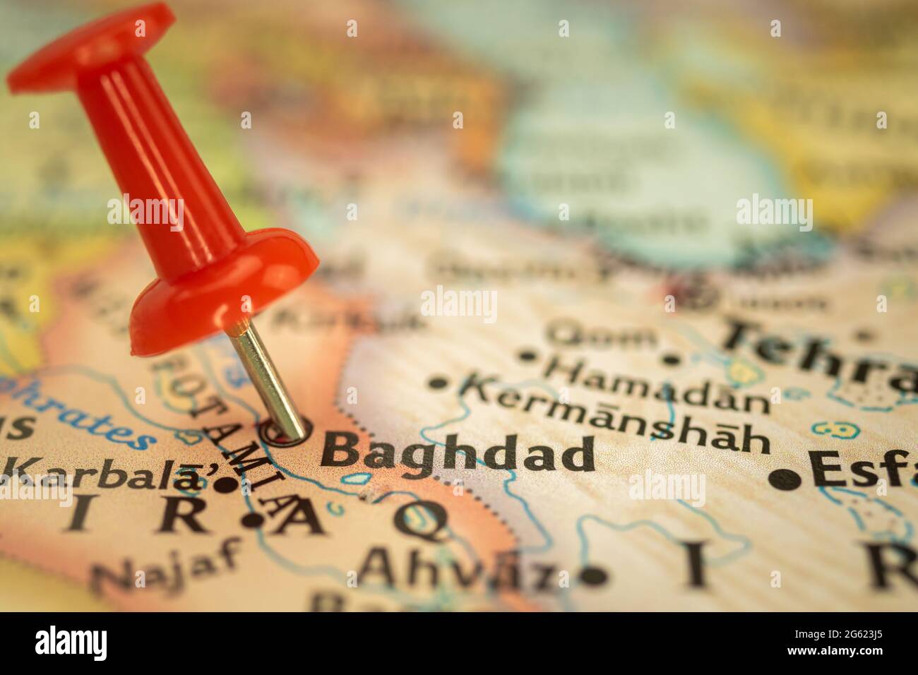 Location Baghdad in Iraq, travel map with push pin point marker closeup ...
