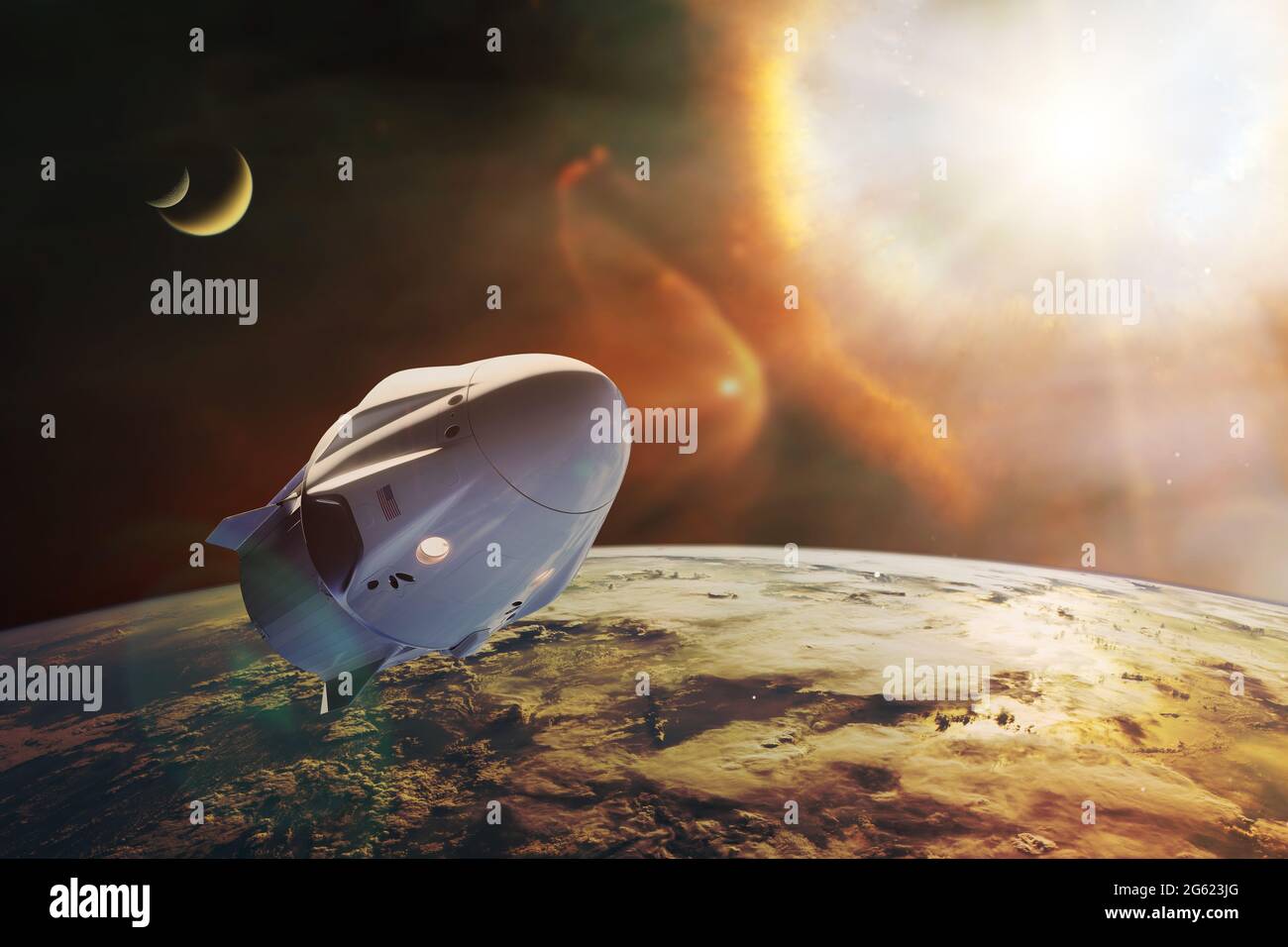 Cargo spacecraft in low-Earth orbit with sunlight. Elements of this ...