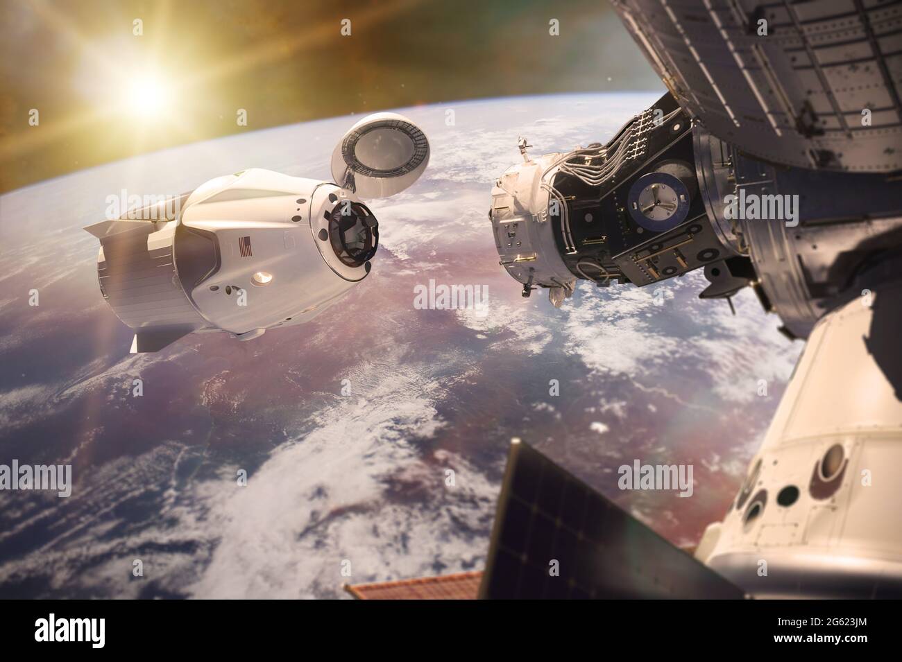 Cargo spacecraft in low-Earth orbit with sunlight. Elements of this ...