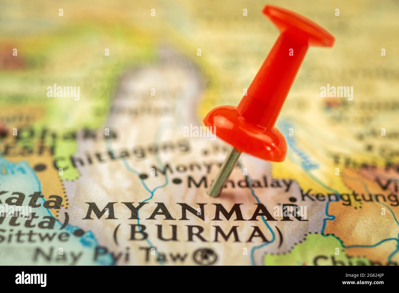Location Myanmar Burma, travel map with push pin point marker closeup ...
