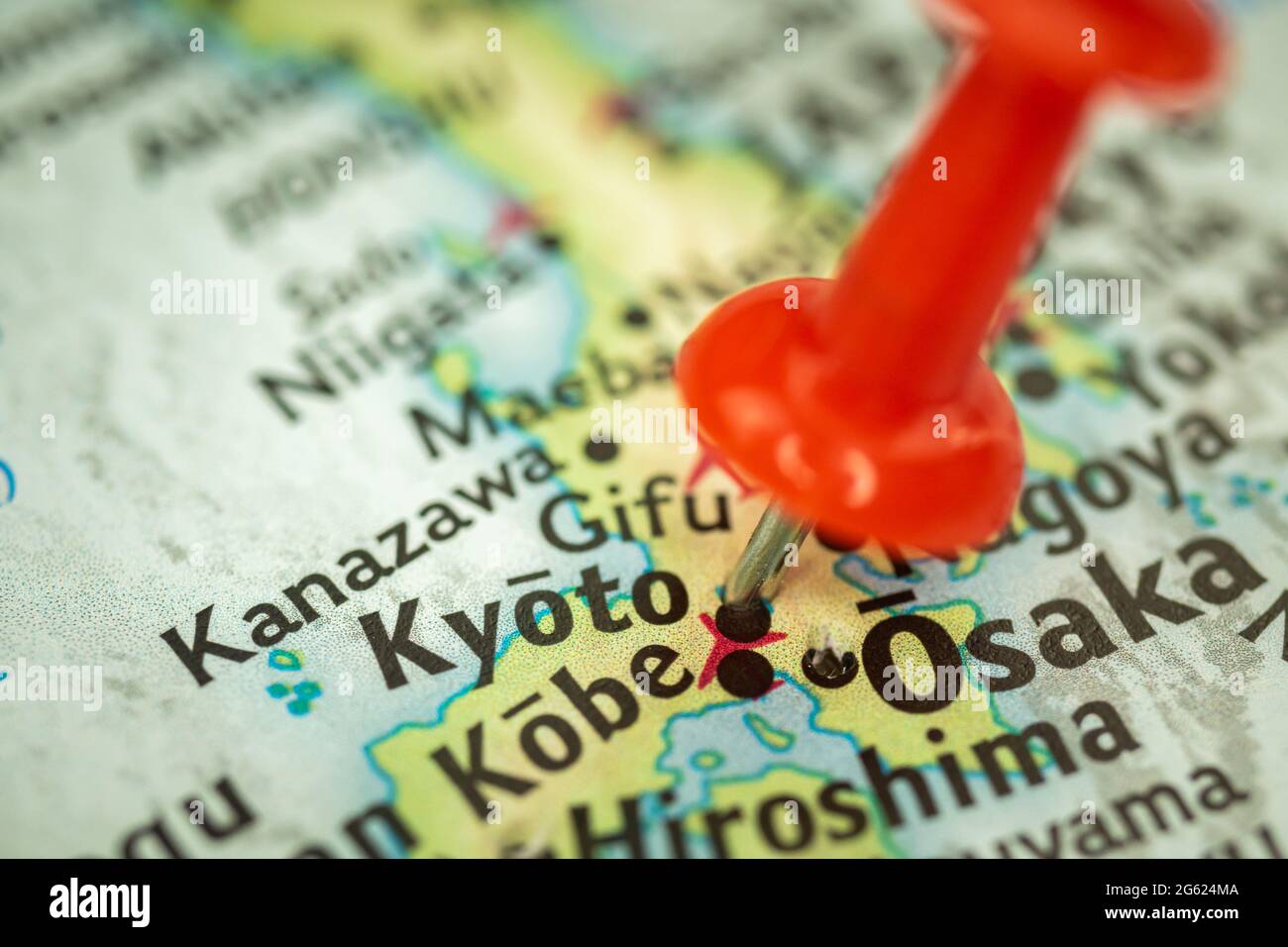 Location Kyoto and Kobe in Japan, travel map with push pin point marker ...
