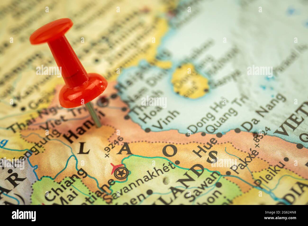 Location Laos, travel map with push pin point marker closeup, Asia ...