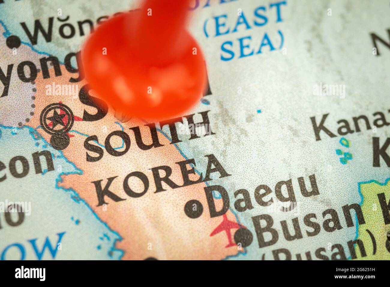 Location South Korea, travel map with push pin point marker closeup ...