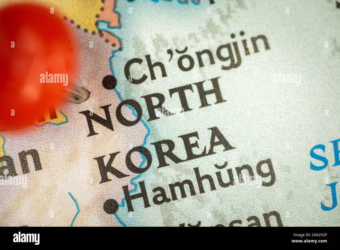 Location North Korea, travel map with push pin point marker closeup ...