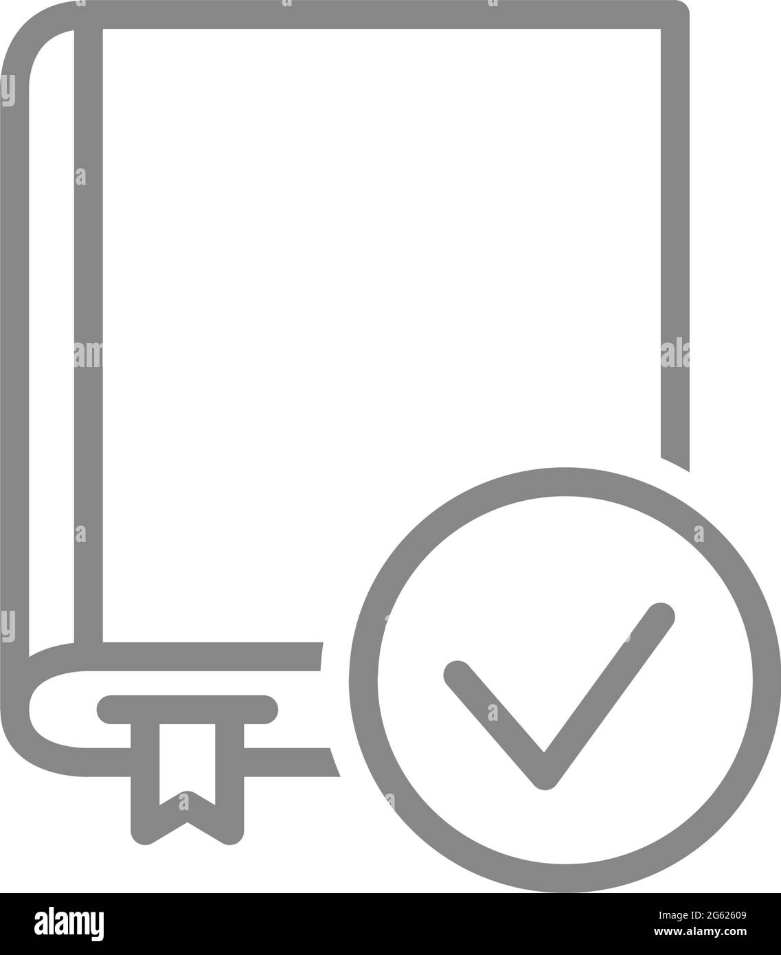 Book with tick checkmark line icon. Good library, book verification ...