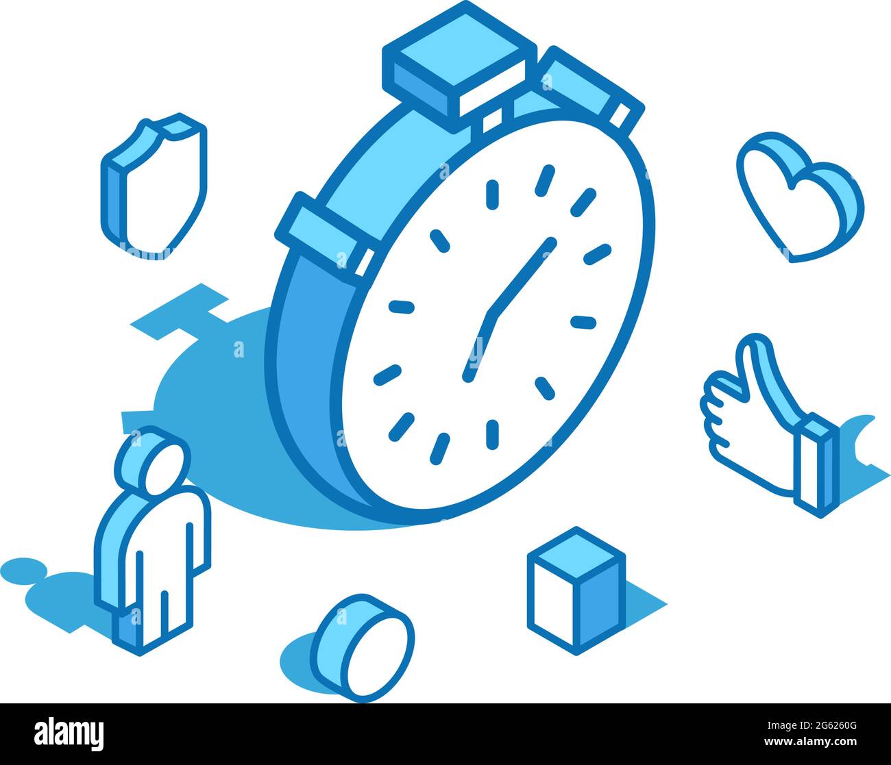 Stopwatch blue line isometric illustration. Timer, clock 3D banner ...