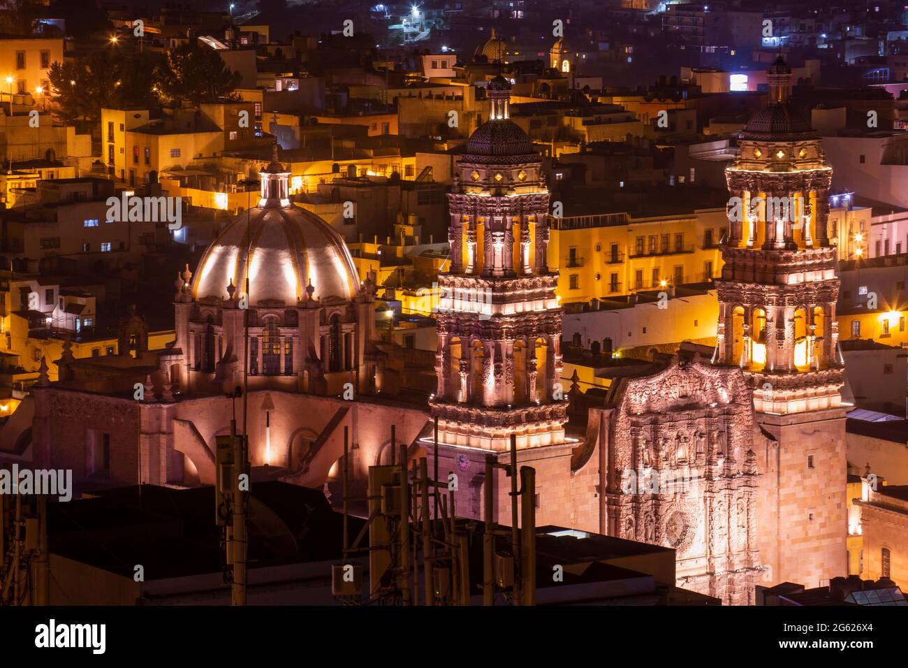 Night time view of the historic colonial center of Zacatecas City ...