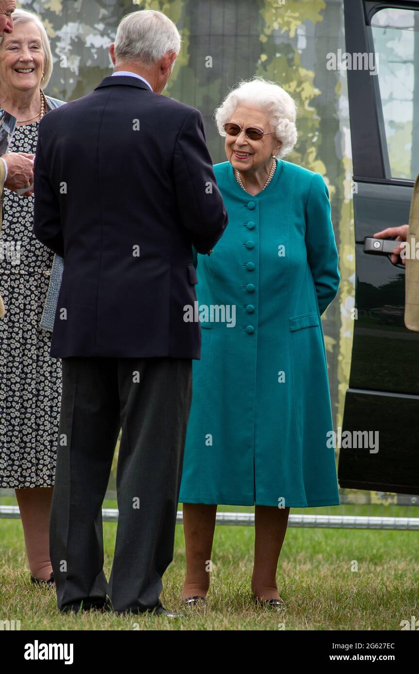 Windsor, Berkshire, UK. 1st July, 2021. Queen Elizabeth II chats to her ...