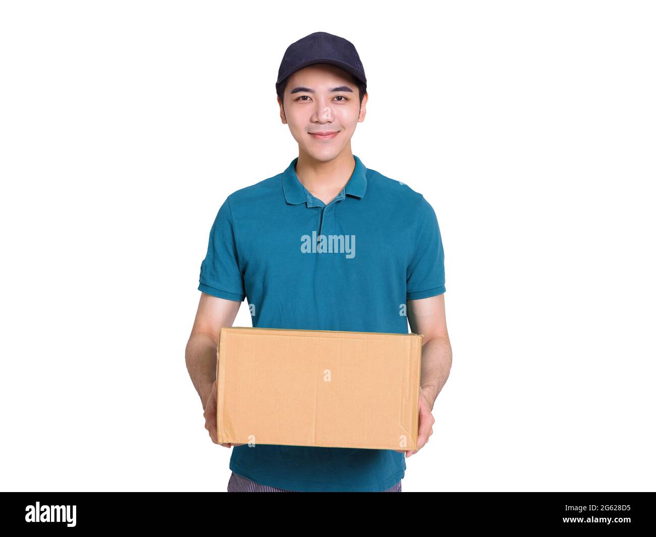 Young delivery man holding carton package isolated on white Stock Photo ...