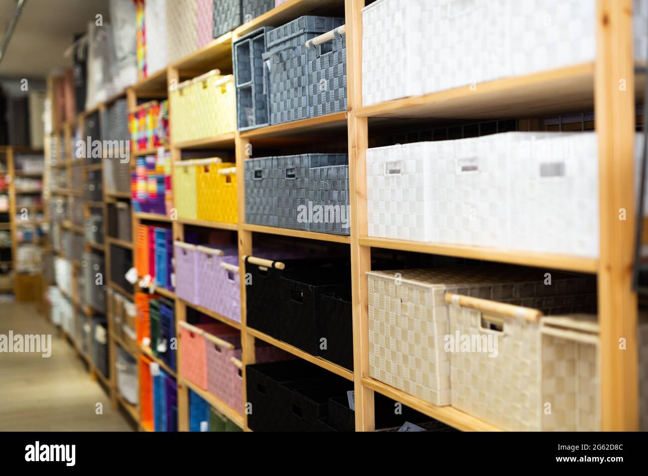 Hardware store shelves filled with boxes for linen closeup Stock Photo ...