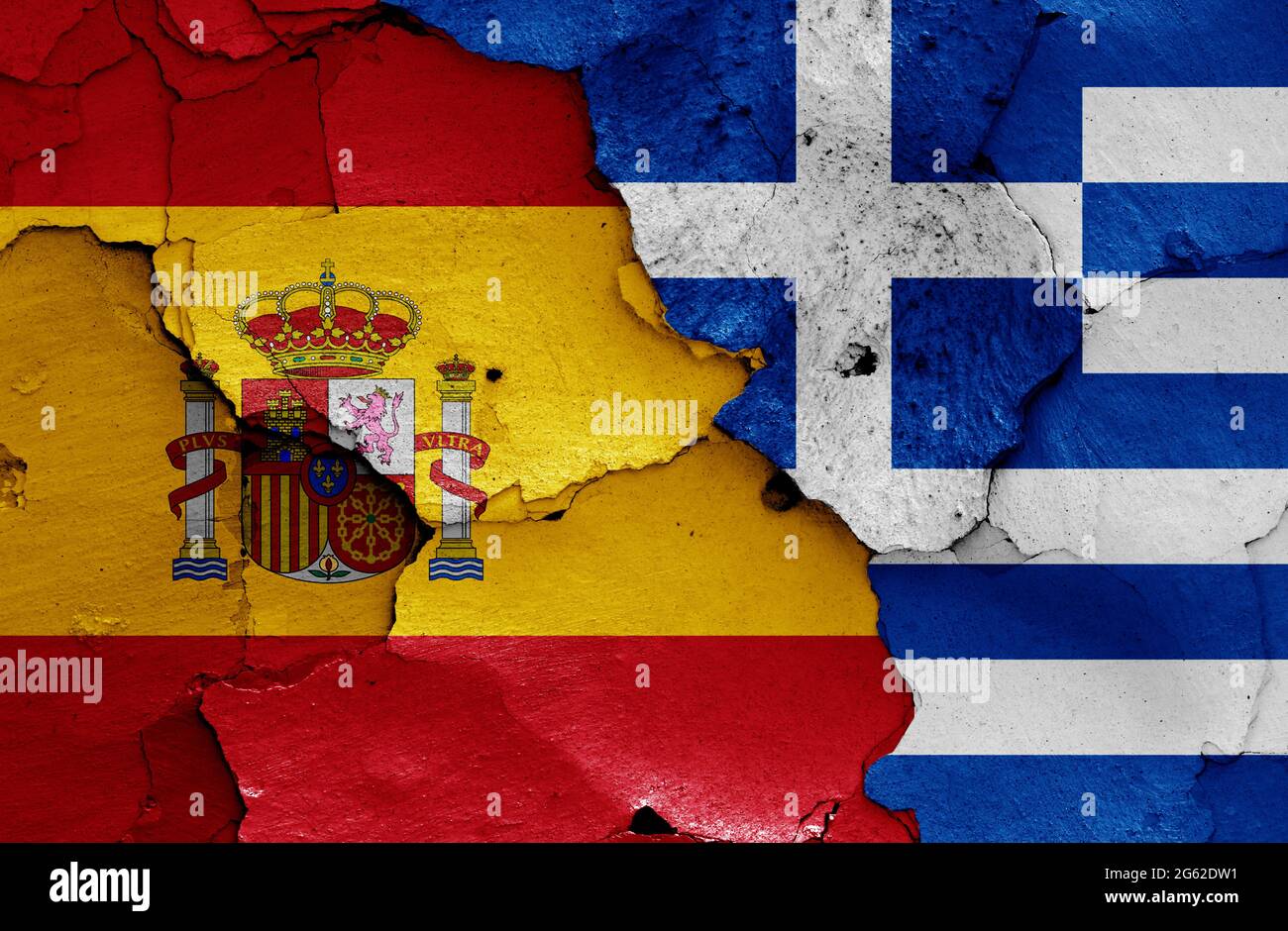 flags of Spain and Greece painted on cracked wall Stock Photo - Alamy