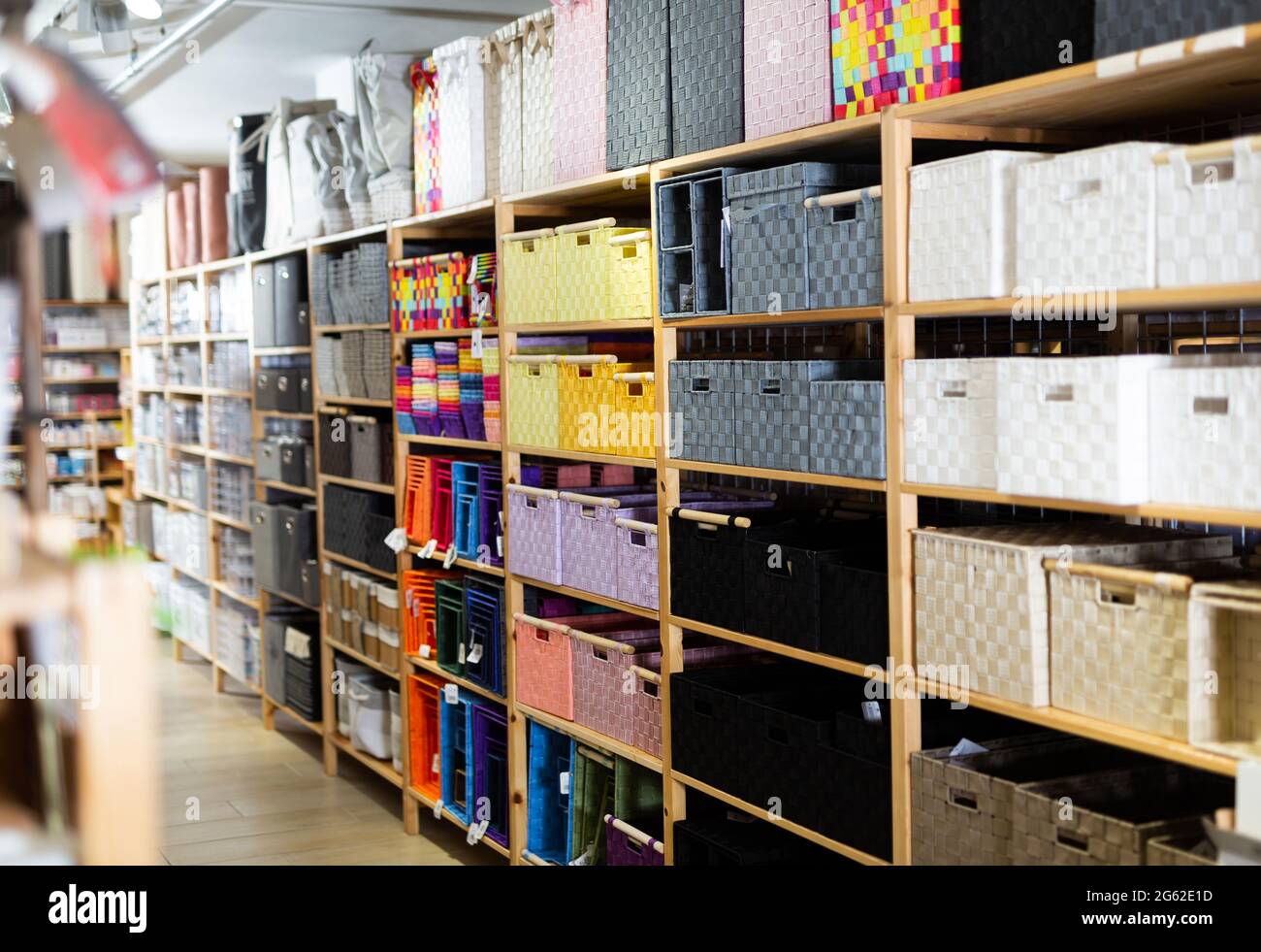 Hardware store shelves filled with boxes for linen closeup Stock Photo ...