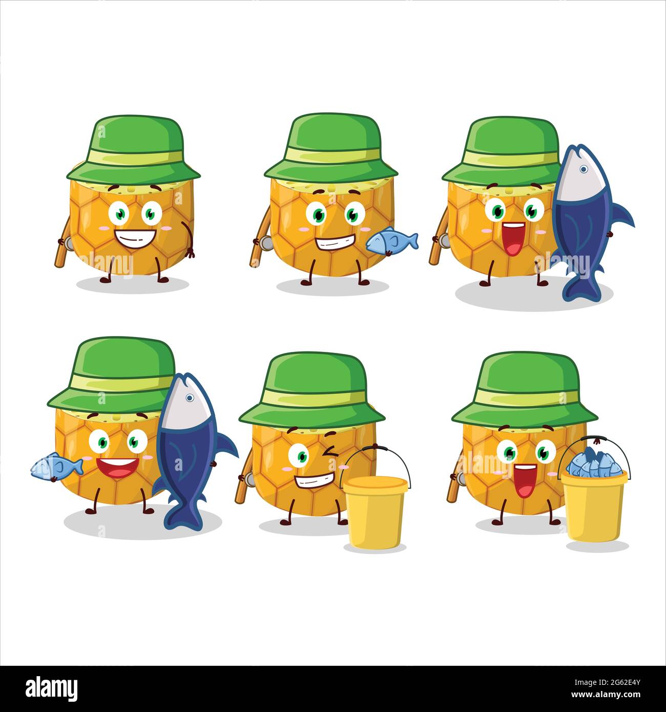A fisherman slice of pineapple cartoon picture catch a big fish. Vector ...