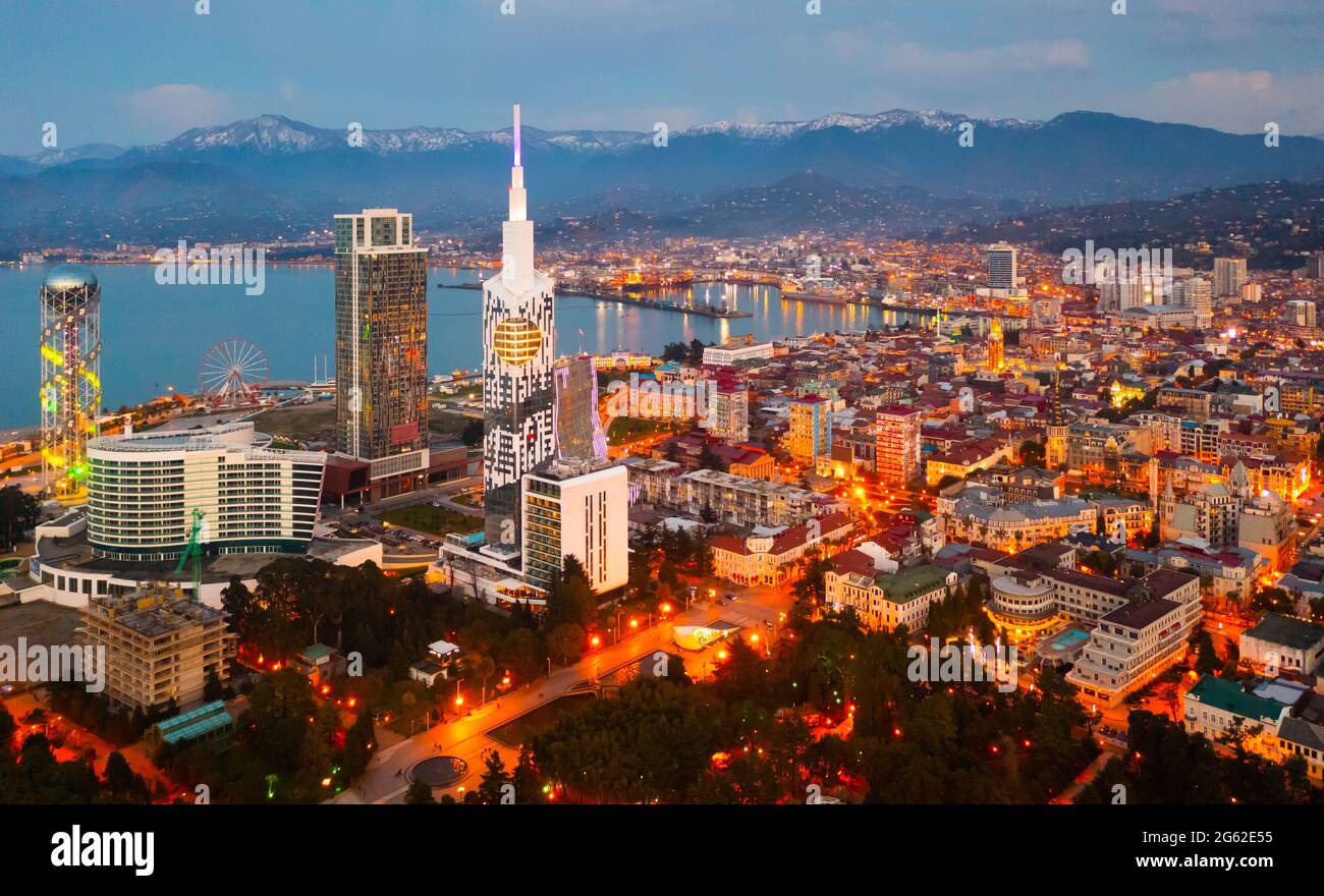 Evening aerial view of Batumi cityscape on Black sea coast Stock Photo ...