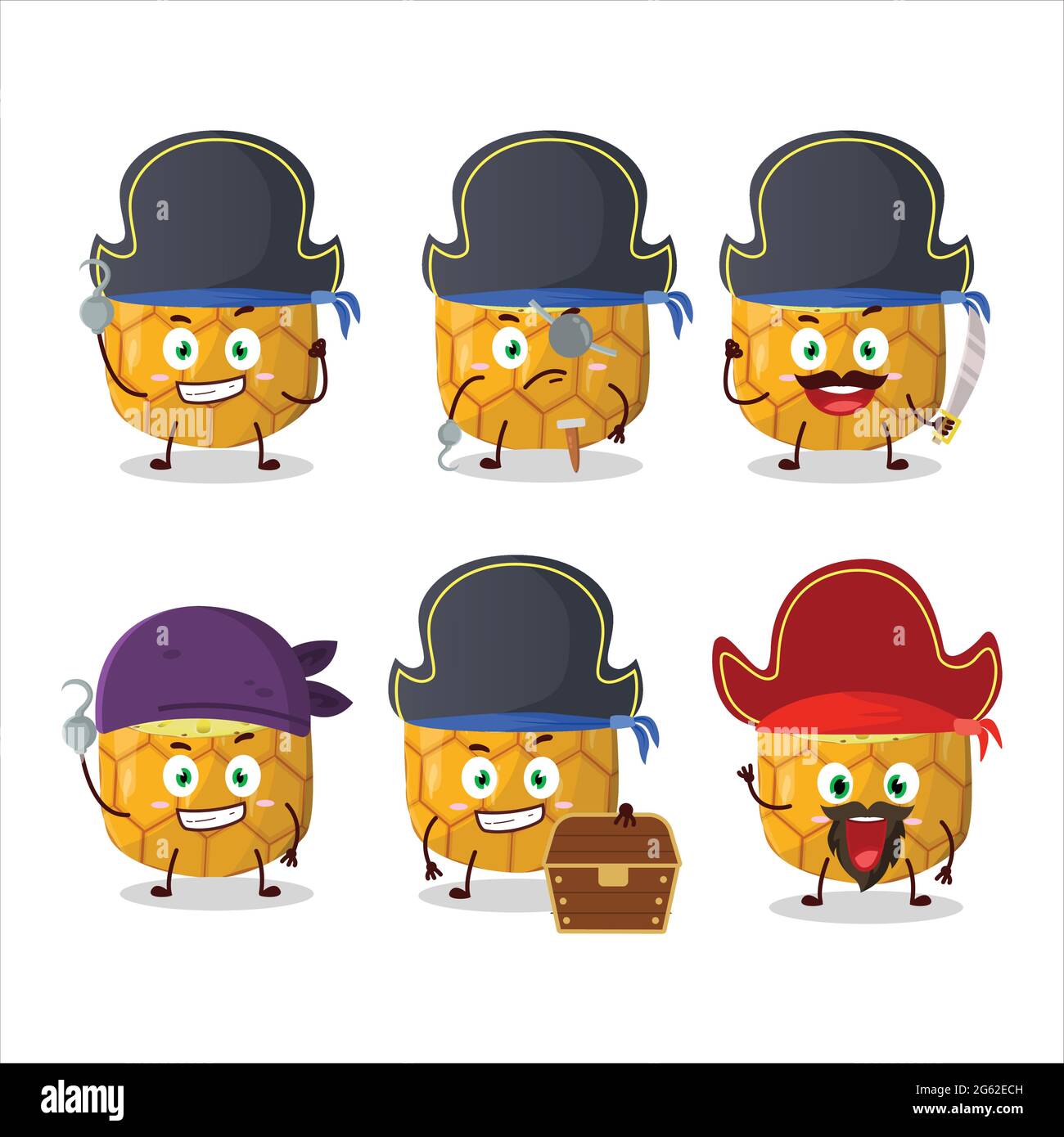 Cartoon character of slice of pineapple with various pirates emoticons ...