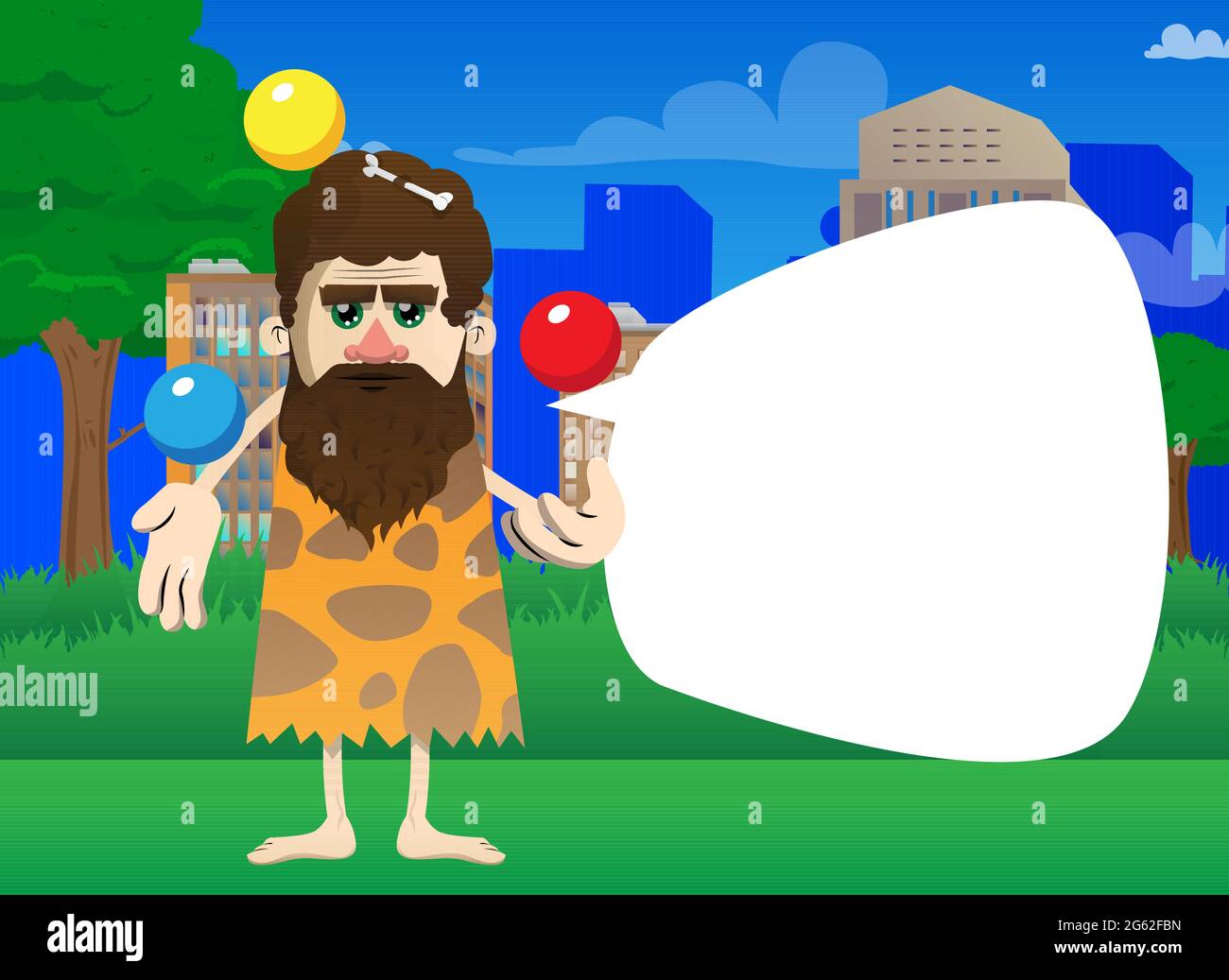 Cartoon prehistoric man as a juggler from the circus. Vector ...